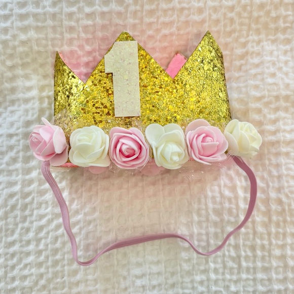 Other | Baby Girl 1st Birthday Crown Headband Gold Pink Floral | Poshmark